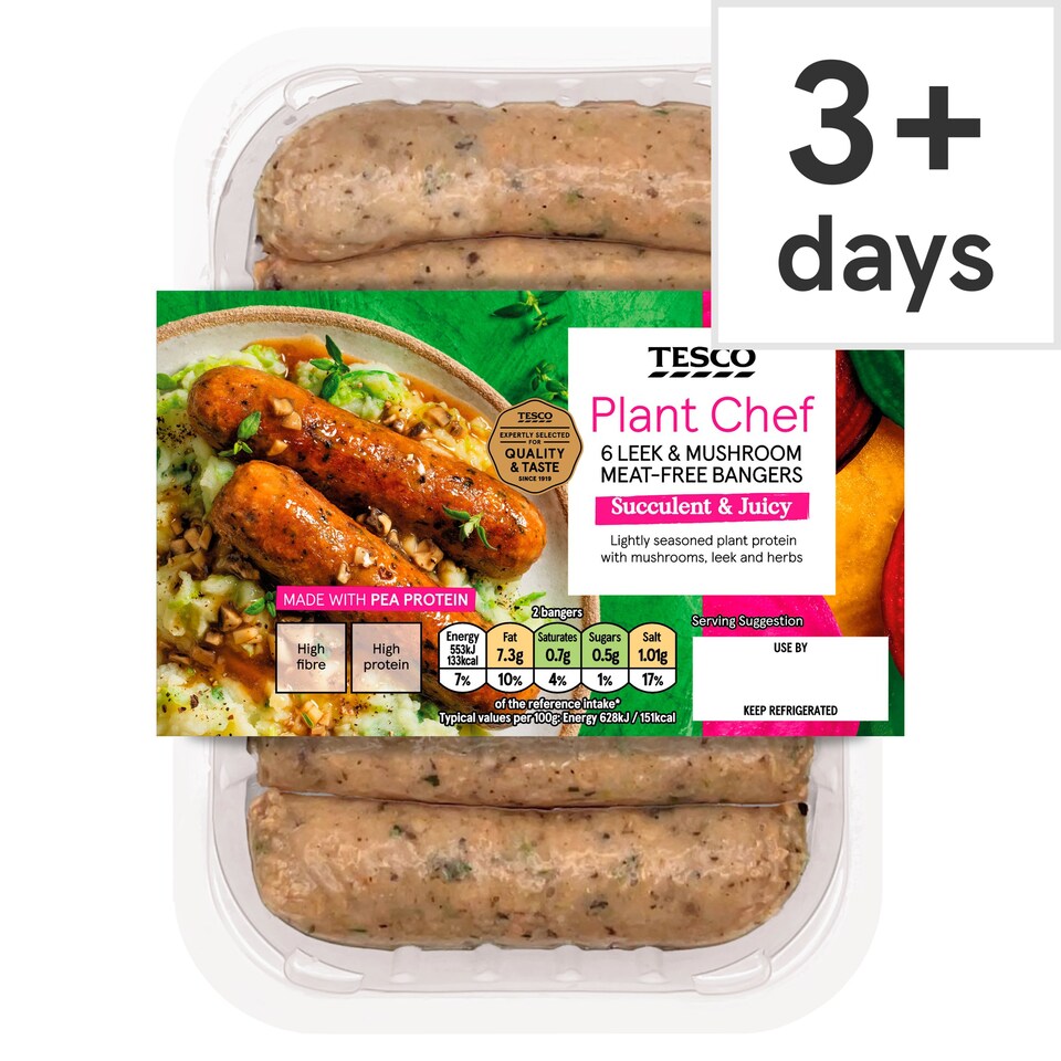 Tesco Plant Chef 6 Leek & Mushroom Meat Free Bangers 300G - Tesco Groceries