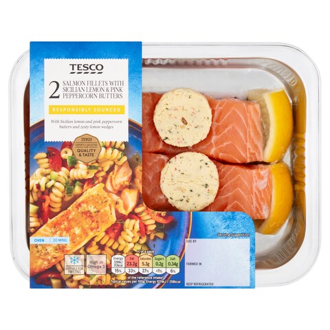 Tesco 2 Salmon Fillets With Sicilian Lemon & Pink Peppercorn Butters ...