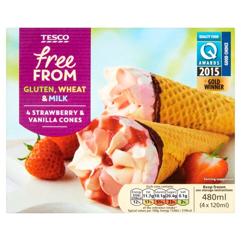 Tesco Free From Strawberry-Vanilla Cones 480ml (4x120ml) - Tesco Groceries