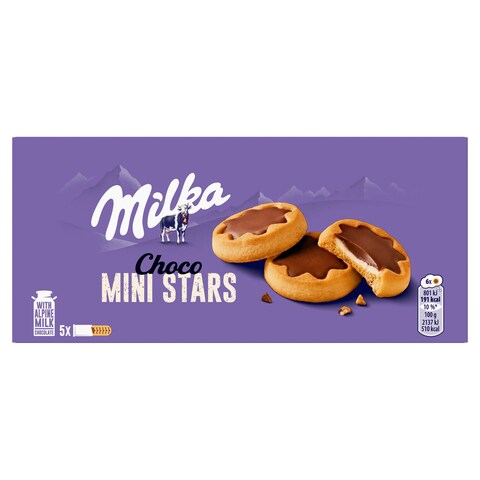 Milka Choco Mini Stars tejes krémmel töltött keksz tejcsokoládéval 185 ...