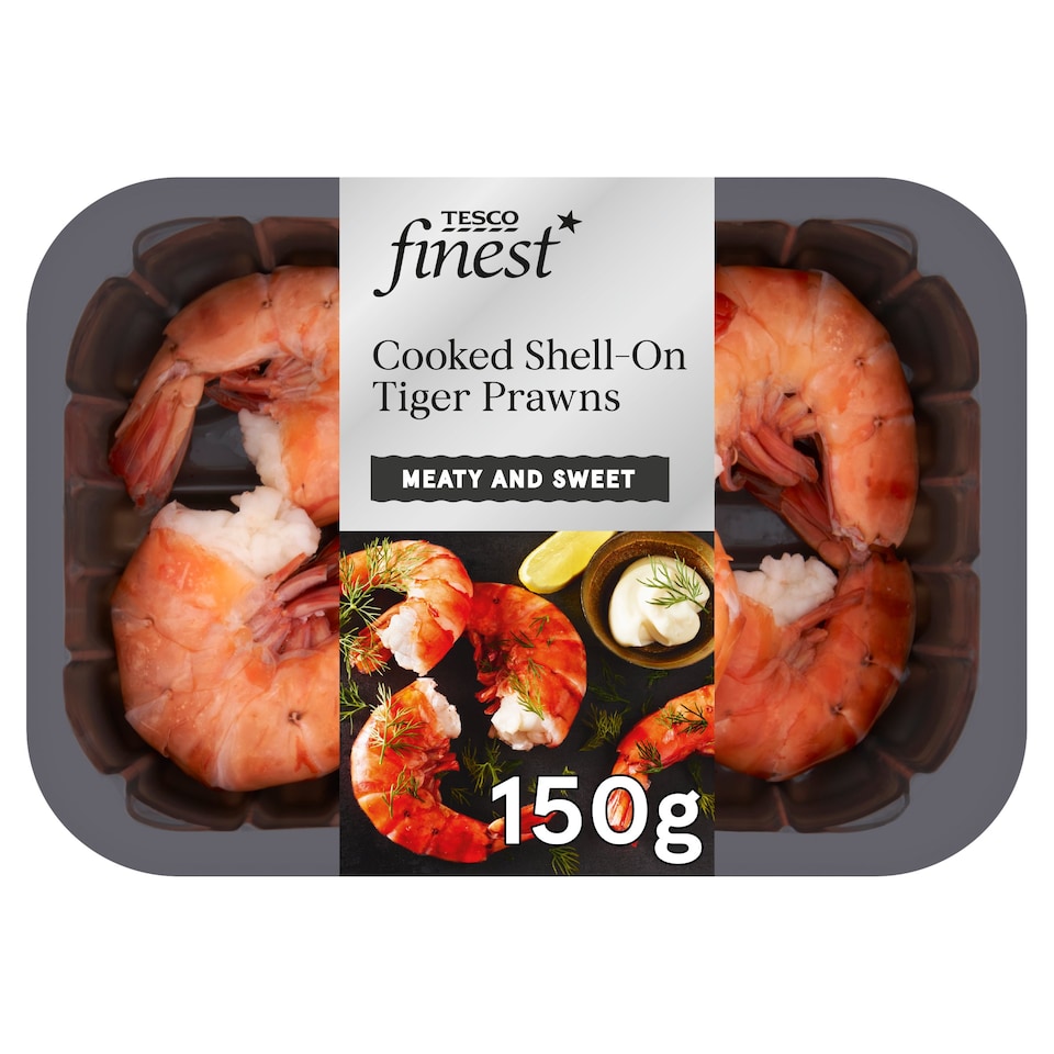 Tesco Finest Cooked Shell-On Black Tiger Prawns 150g - Tesco Groceries