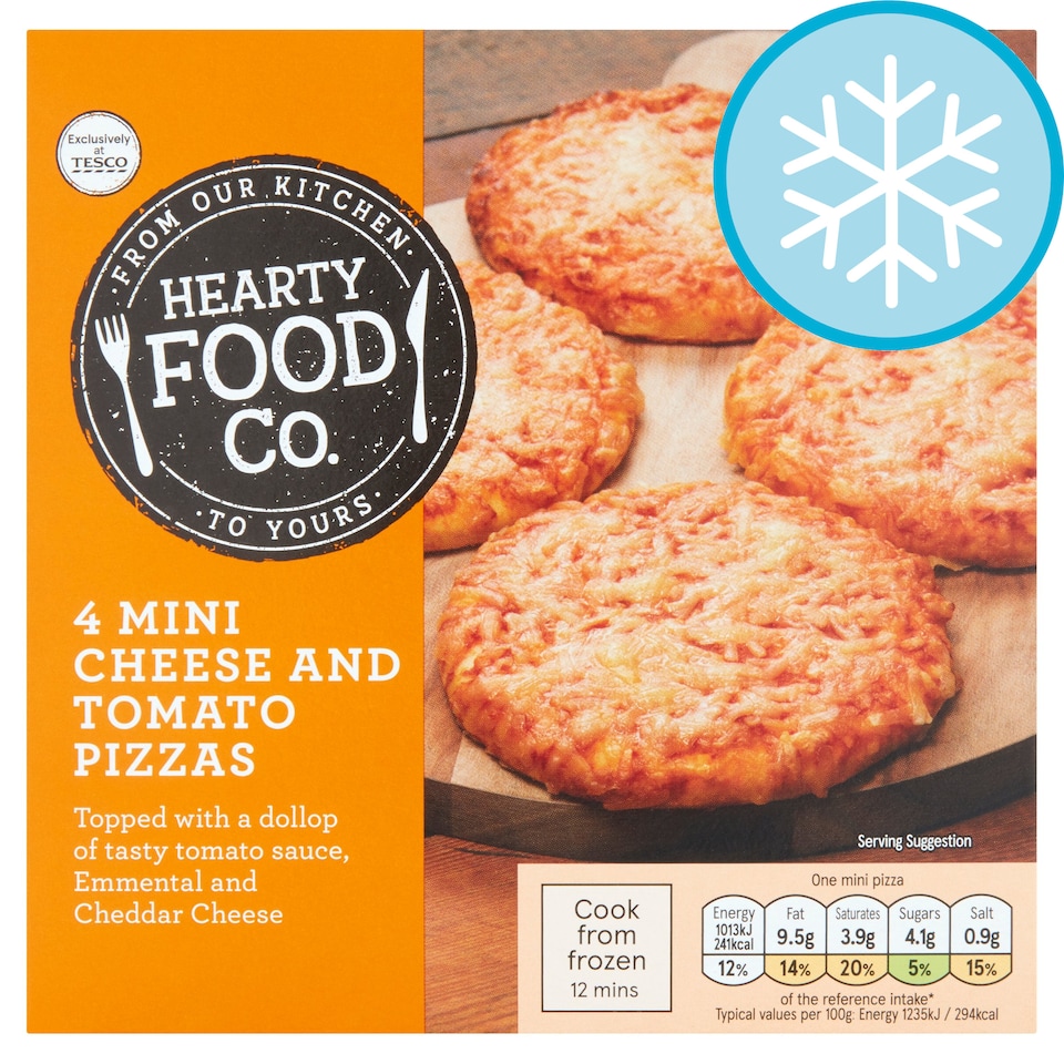 Hearty Food Co. Mini Pizzas Cheese & Tomato 4 Pack 356G - Tesco Groceries