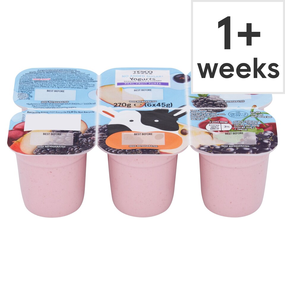 Tesco No Added Sugar Berries, Apple & Cherry Yogurts 6x45g - Tesco ...