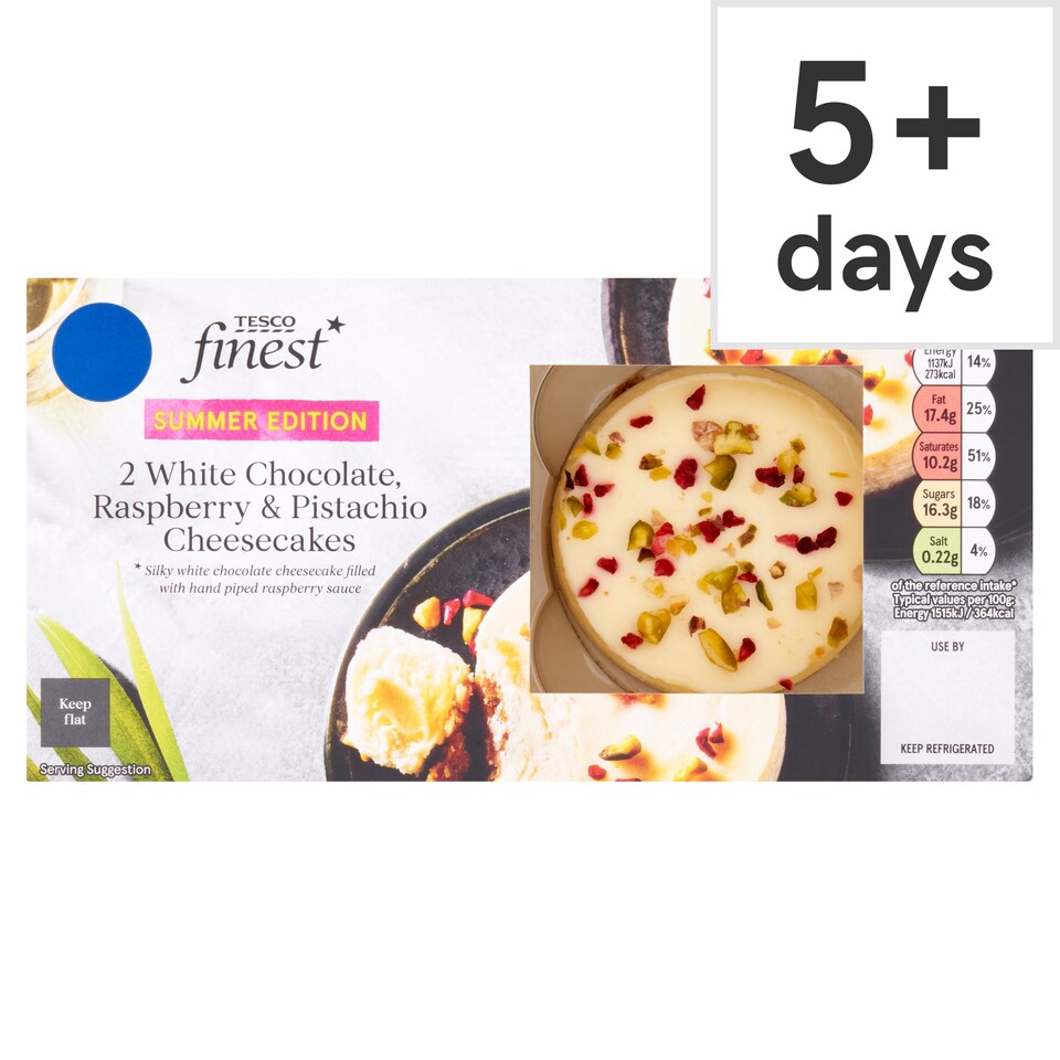 Tesco Finest 2 White Chocolate Raspberry & Pistachio Cheesecakes 150G ...