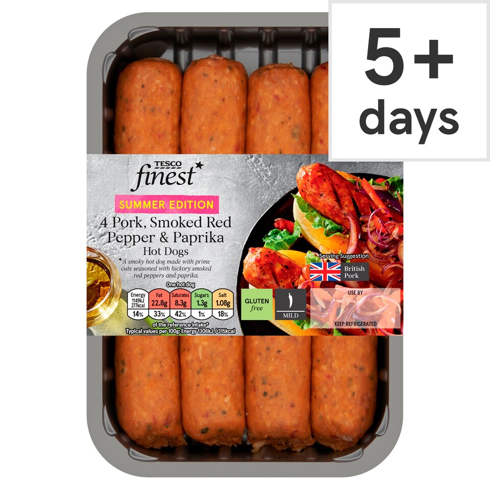 Tesco Finest 4 Pork, Smoked Red Pepper & Paprika Hot Dogs 400g - Tesco ...