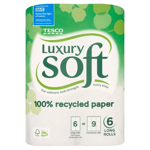 Tesco Luxury Soft 100% Recycled Toilet Tissue 6 long Rolls - Tesco ...