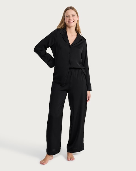 F&F CoolEase™ Satin Revere Button Up Pyjama Set in Black - Tesco Groceries