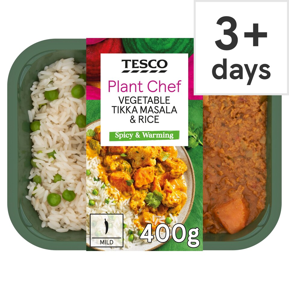 Tesco Plant Chef Vegetable Tikka Masala with Rice & Peas 400g - Tesco ...
