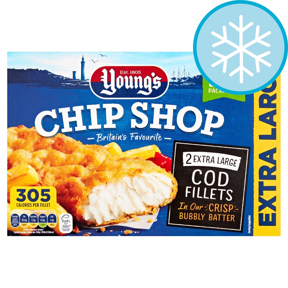 Youngs Chip Shop 2 Extra Large Cod Fillets In Batter 300G - Tesco Groceries
