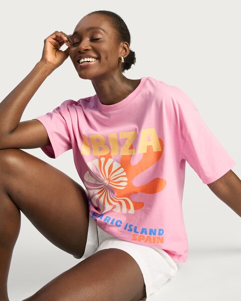 F&F Ibiza Graphic Short Sleeved Boyfriend Tee in Pink - Tesco Groceries