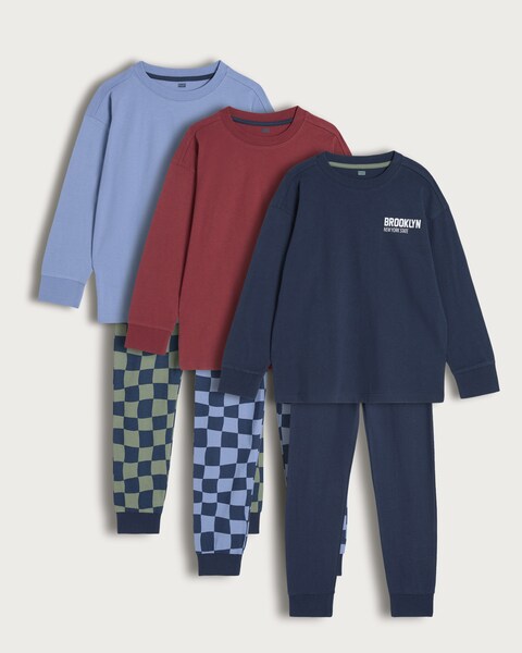 F&F Boys 3-Pack Pure Cotton Pyjama Set in Blue Multi - Tesco Groceries