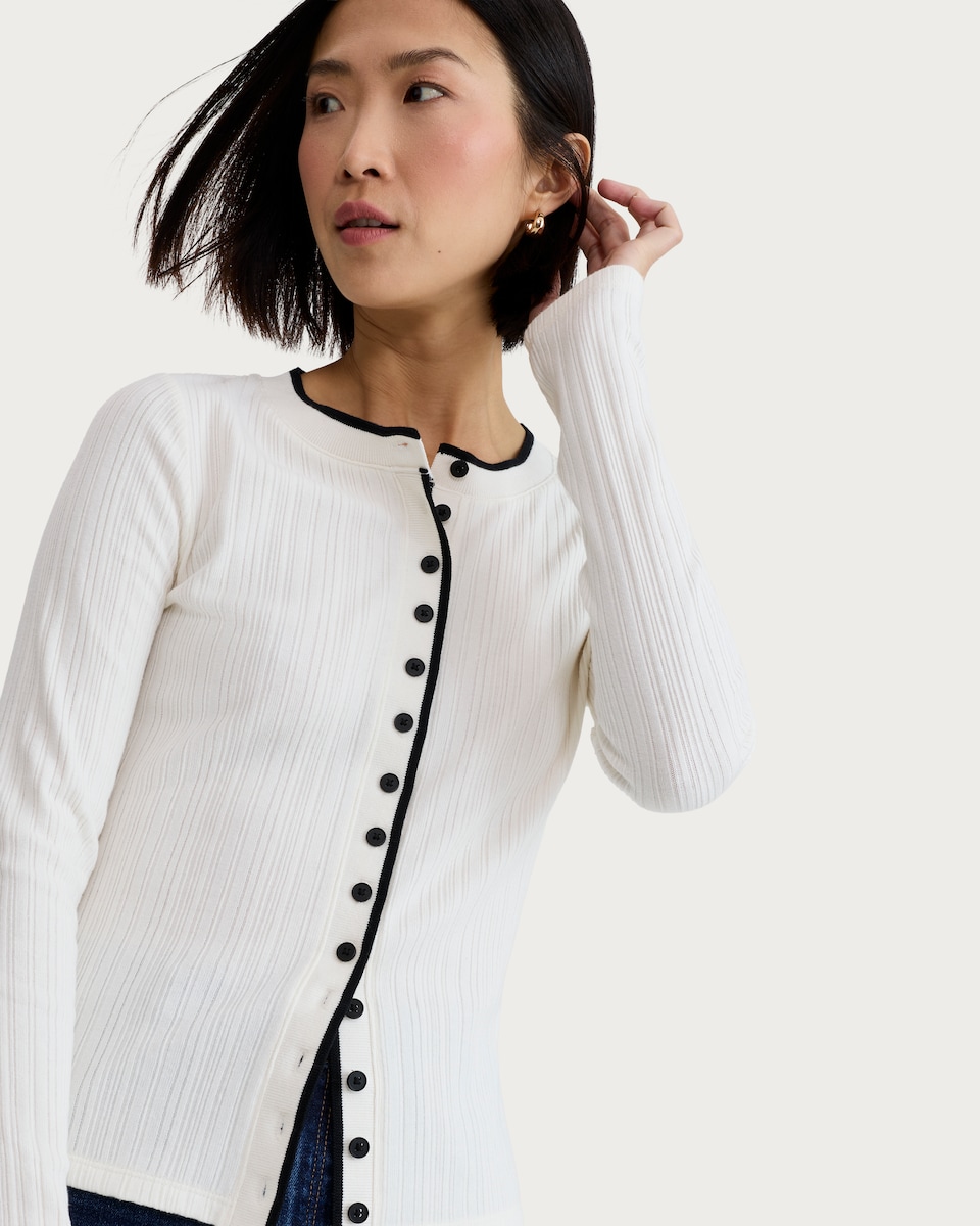 F&F Cotton Rich Ribbed Contrast Trim Button Up Cardigan in Cream ...