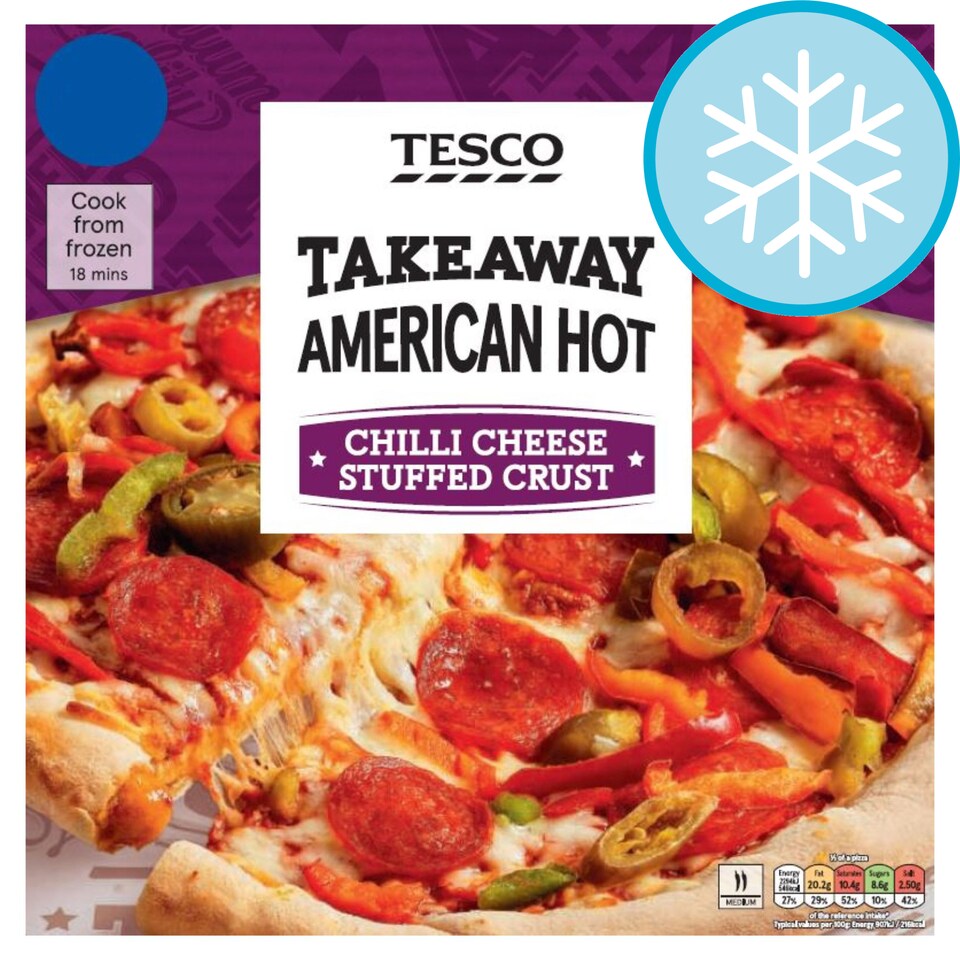 TESCO TAKEAWAY AMERICAN HOT CHILLI CHEESE STUFFED CRUST PIZZA 505G ...