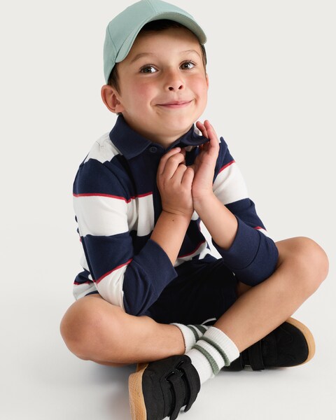 F&F Boys Pure Cotton Striped Long Sleeved Rugby Polo Shirt in Navy ...