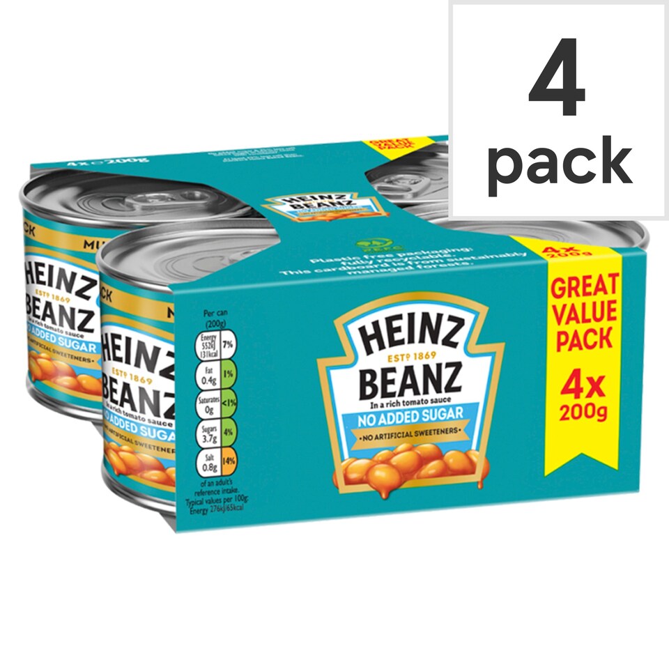 Heinz No Added Sugar Baked Beans in Tomato Sauce 4 x 200g - Tesco Groceries