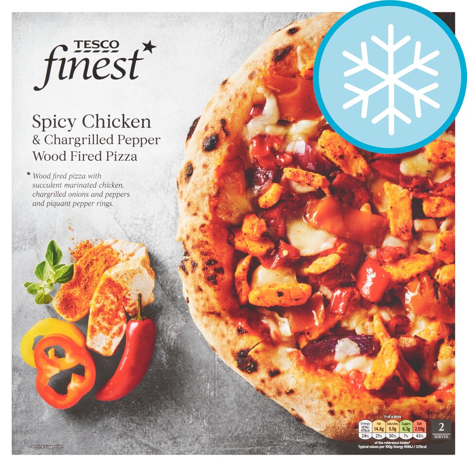 TESCO FINEST SPICY CHICKEN & CHARGRRILLED PEPPER WOOD FIRED PIZZA 450g ...