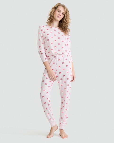 F&F Bow Print Top and Cuffed Joggers Pyjamas in Pink - Tesco Groceries
