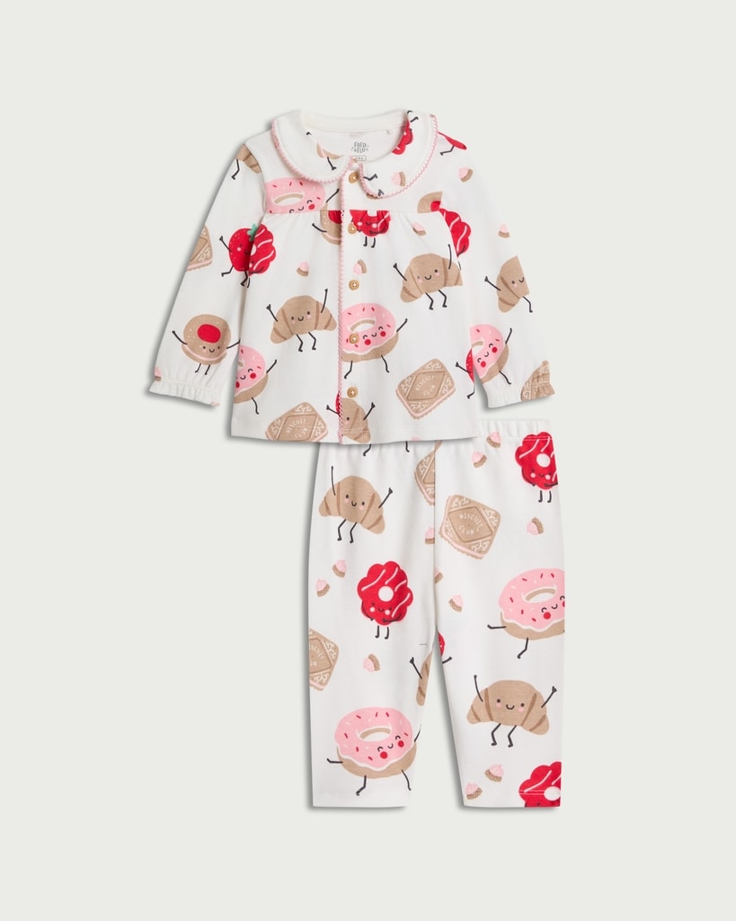 F&F Baby Pure Cotton Pastry Print Revere Pyjama Set in White - Tesco ...