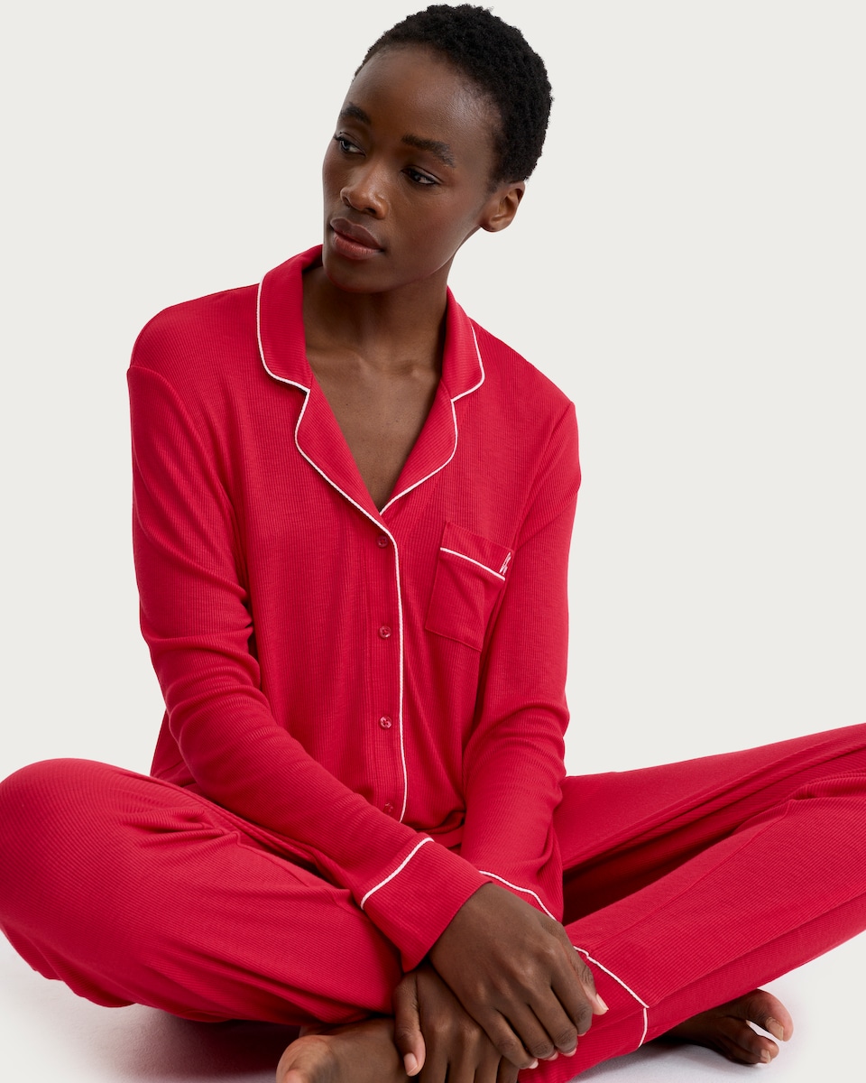 F&F Ribbed Contrast Trim Pyjama Set in Red - Tesco Groceries