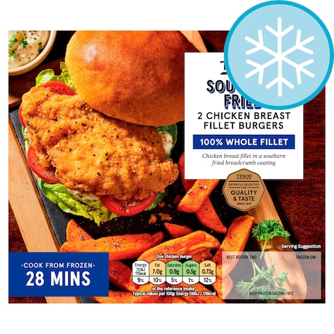 Tesco 2 Southern Fried Chicken Breast Fillet Burgers 210G - Tesco Groceries