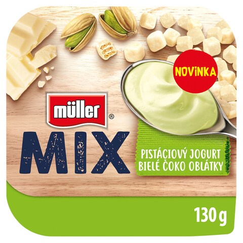 Müller Mix Jogurt s pistáciovou príchu&ou a oblátky plnené mlie&nym ...