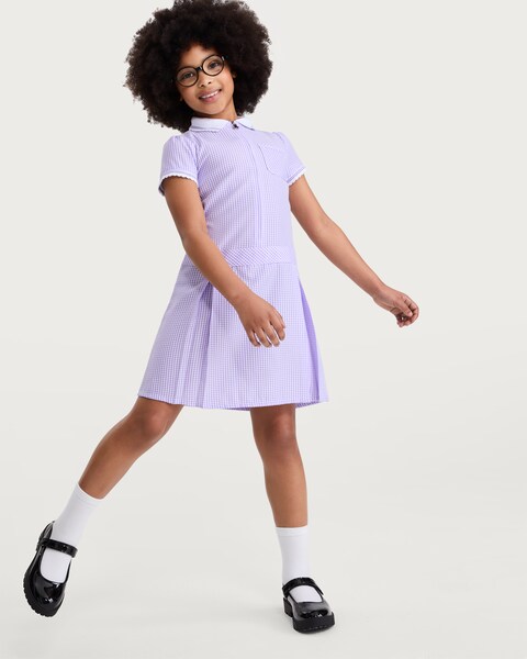 F&F School Girls 2-Pack Gingham Pleated Dresses in Lilac - Tesco Groceries