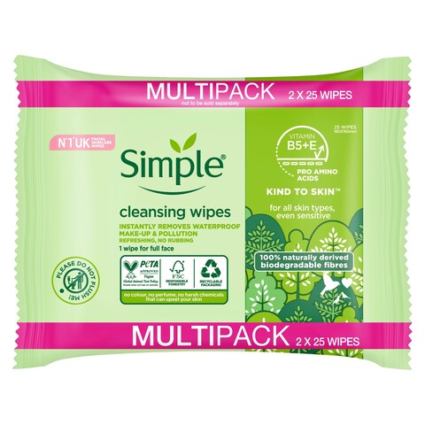 Simple Cleansing Biodegradable Wipes 2X25 Pack - Tesco Groceries