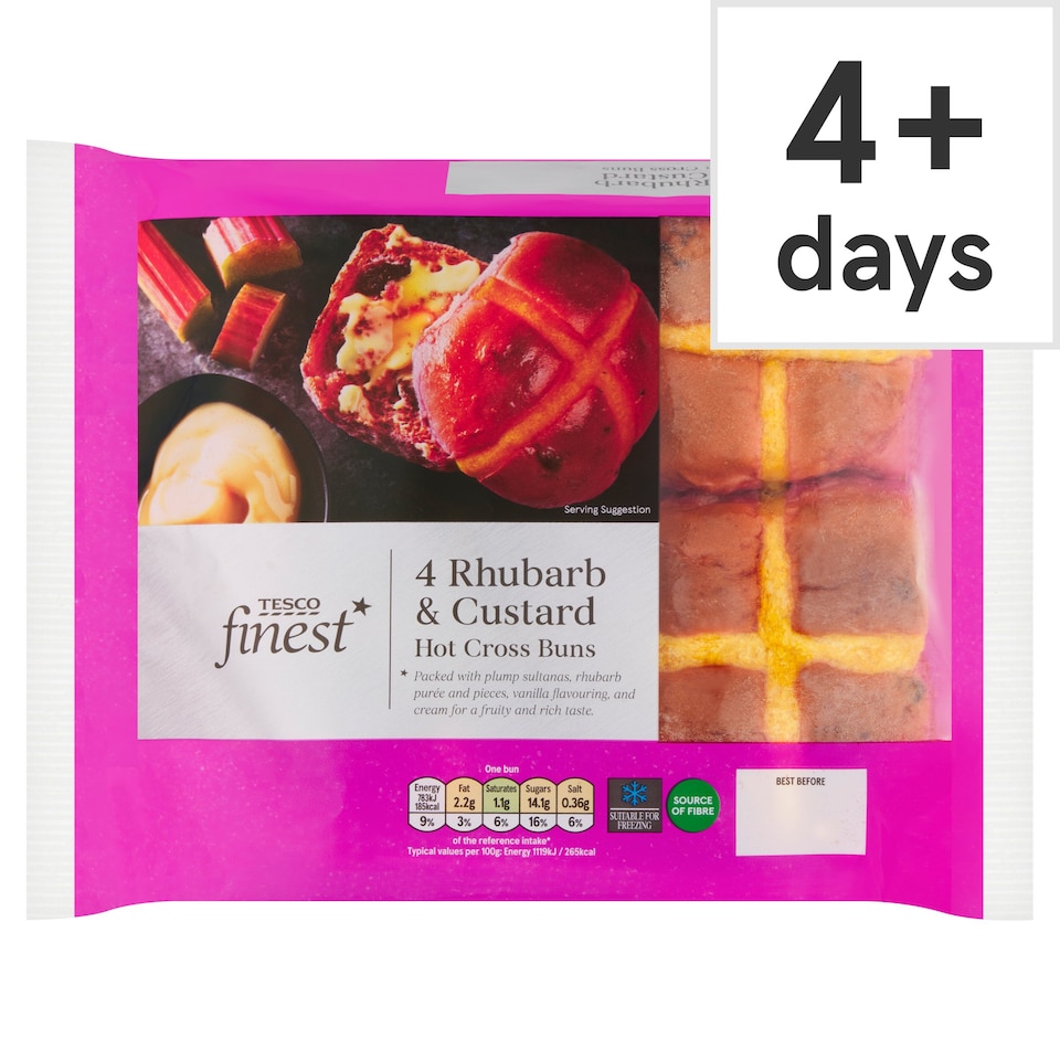 Tesco Finest Hot Cross Buns - Rhubarb & Custard 4 Pack - Tesco Groceries