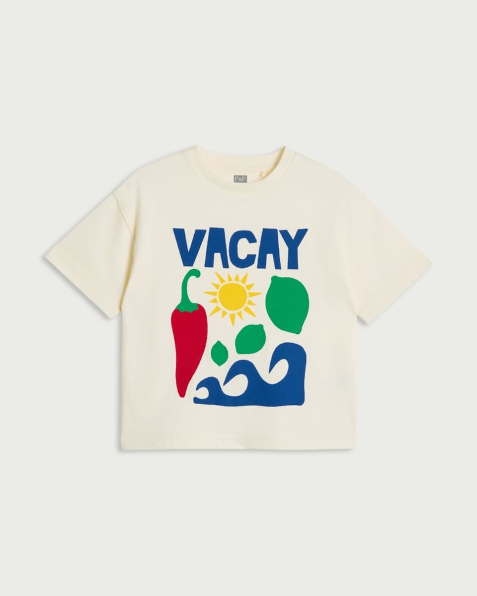 F&F Boys Pure Cotton Vacay Print T-Shirt in Cream - Tesco Groceries