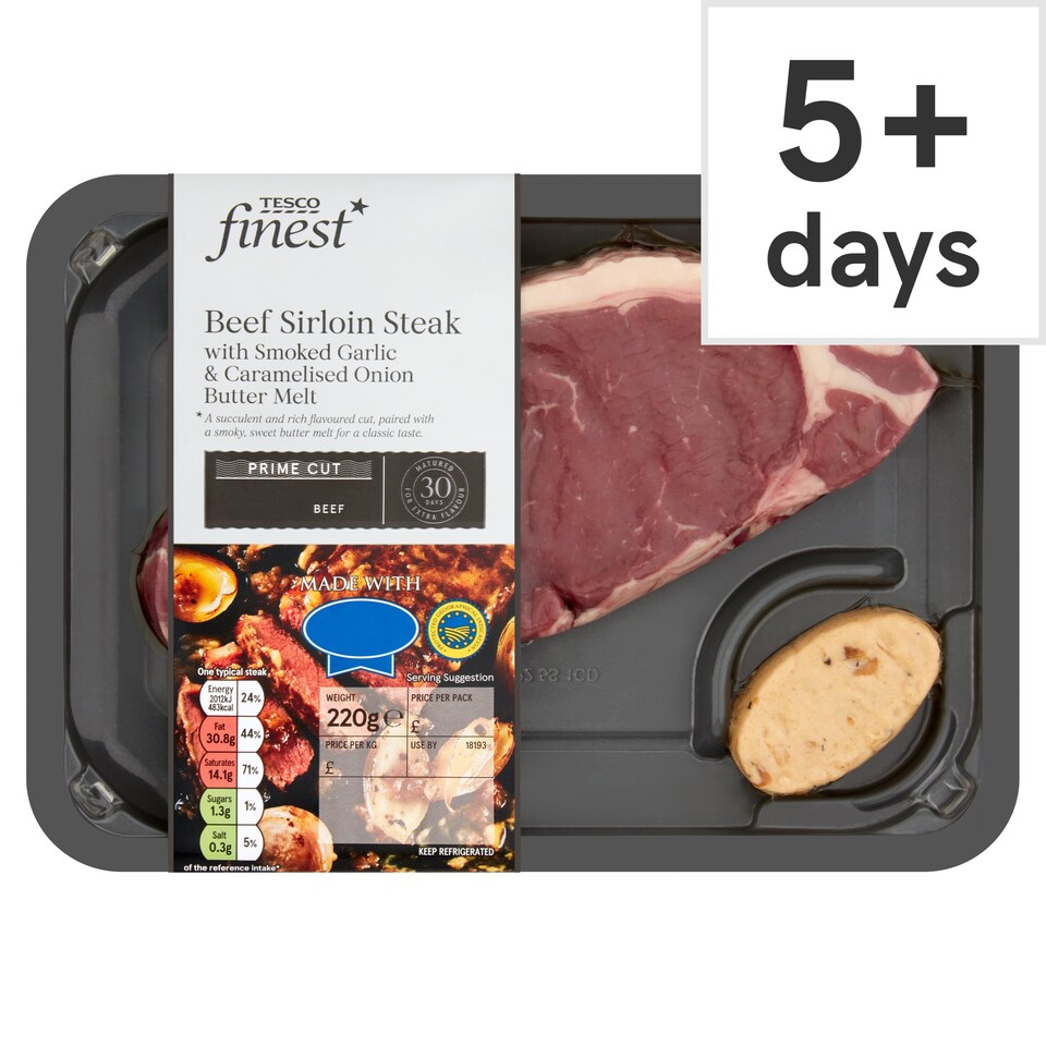 Tesco Finest Sirloin Steak With Garlic & Onion Butter 220G - Tesco ...