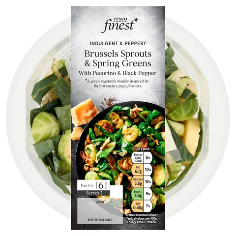 Tesco Finest Brussels Sprouts & Spring Greens with Pecorino & Black ...