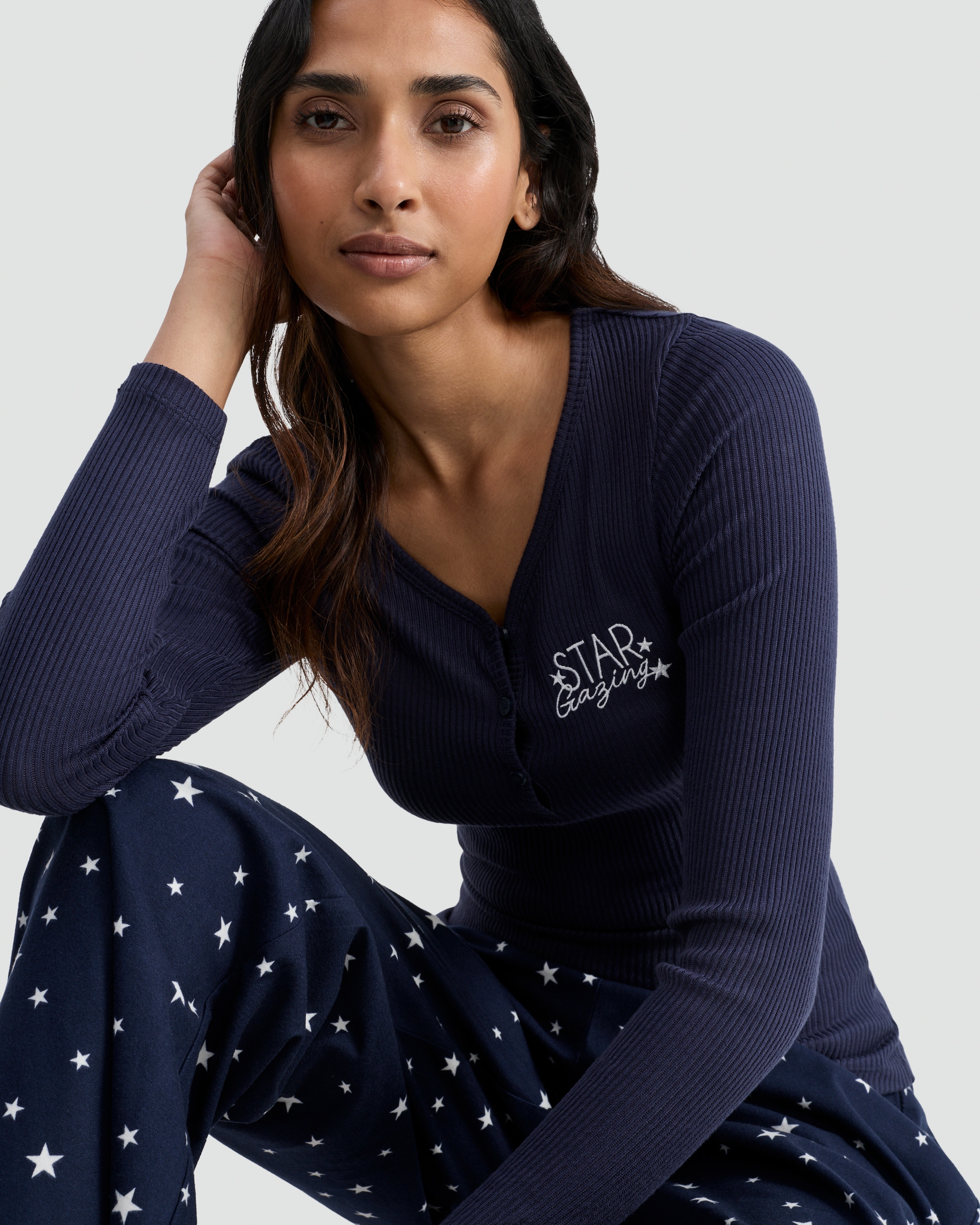 F&F Textured Star Print Top and Bottoms Pyjamas in Navy - Tesco Groceries