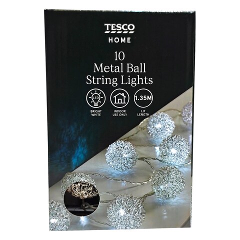 Tesco 10 Bright White Metal Ball String LED Christmas Lights - Tesco ...