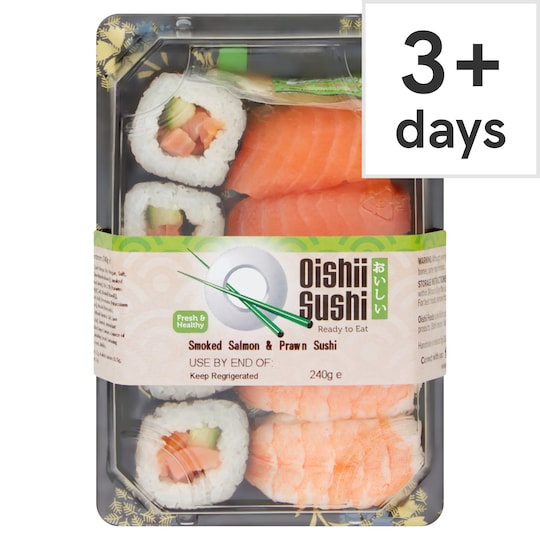 Oishii Sushi Smoked Salmon Prawn Sushi 240G Tesco Groceries oishii-sushi-smoked-salmon-prawn-sushi-240g-tesco-groceries