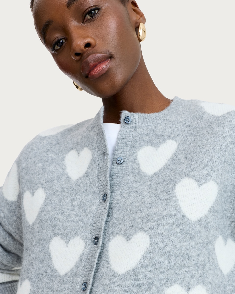 F&F Knitted Heart Print Button Up Cardigan in Grey Marl - Tesco Groceries