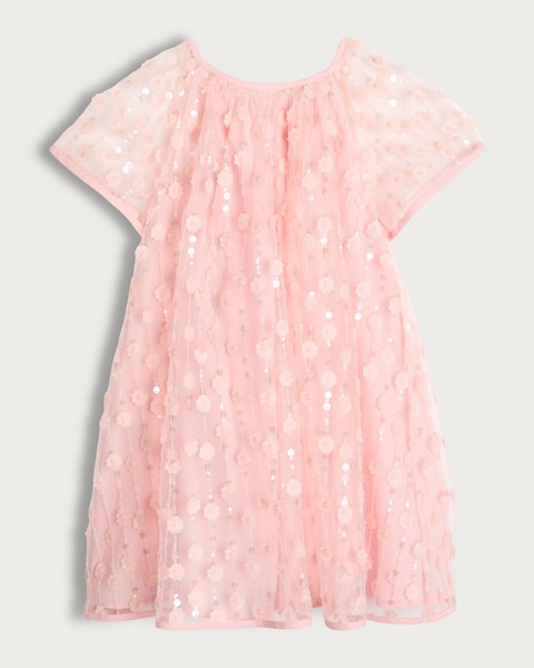 F&F Girls Floral Sequin Mesh Dress in Pink - Tesco Groceries