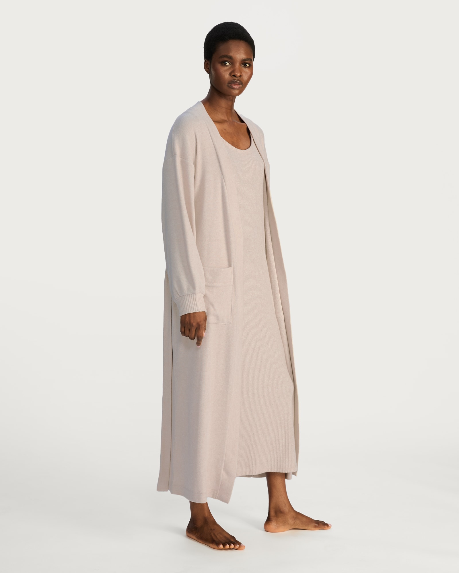 F&F 2-Piece Ribbed Nightdress and Belted Robe Set in Neutral - Tesco ...