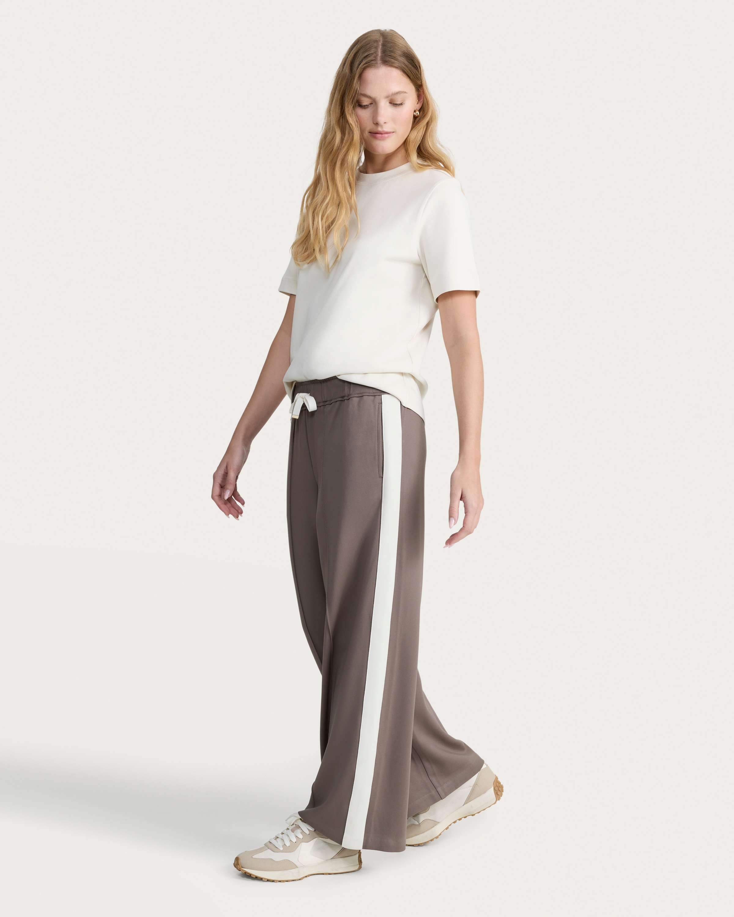 F&F Ponte Side Stripe Wide Leg Trousers in Tan - Tesco Groceries