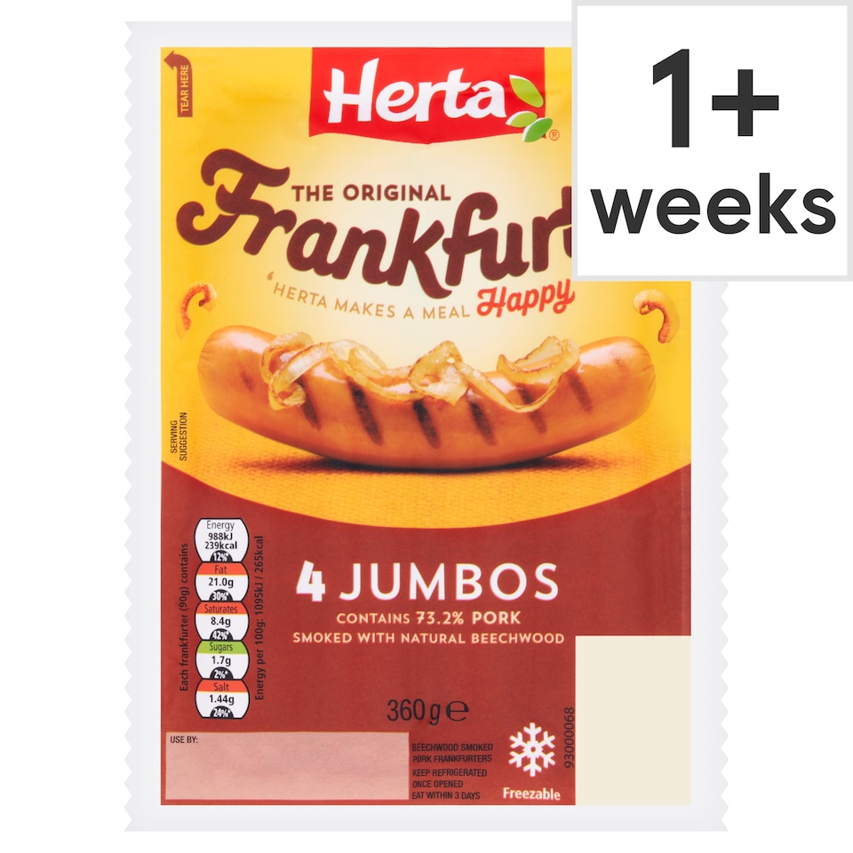 Herta Jumbo Frankfuter Hot Dogs 4 Pack 360G - Tesco Groceries