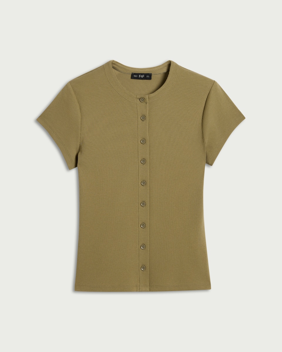F&F Cotton Rich Ribbed Button Up Top in Olive - Tesco Groceries
