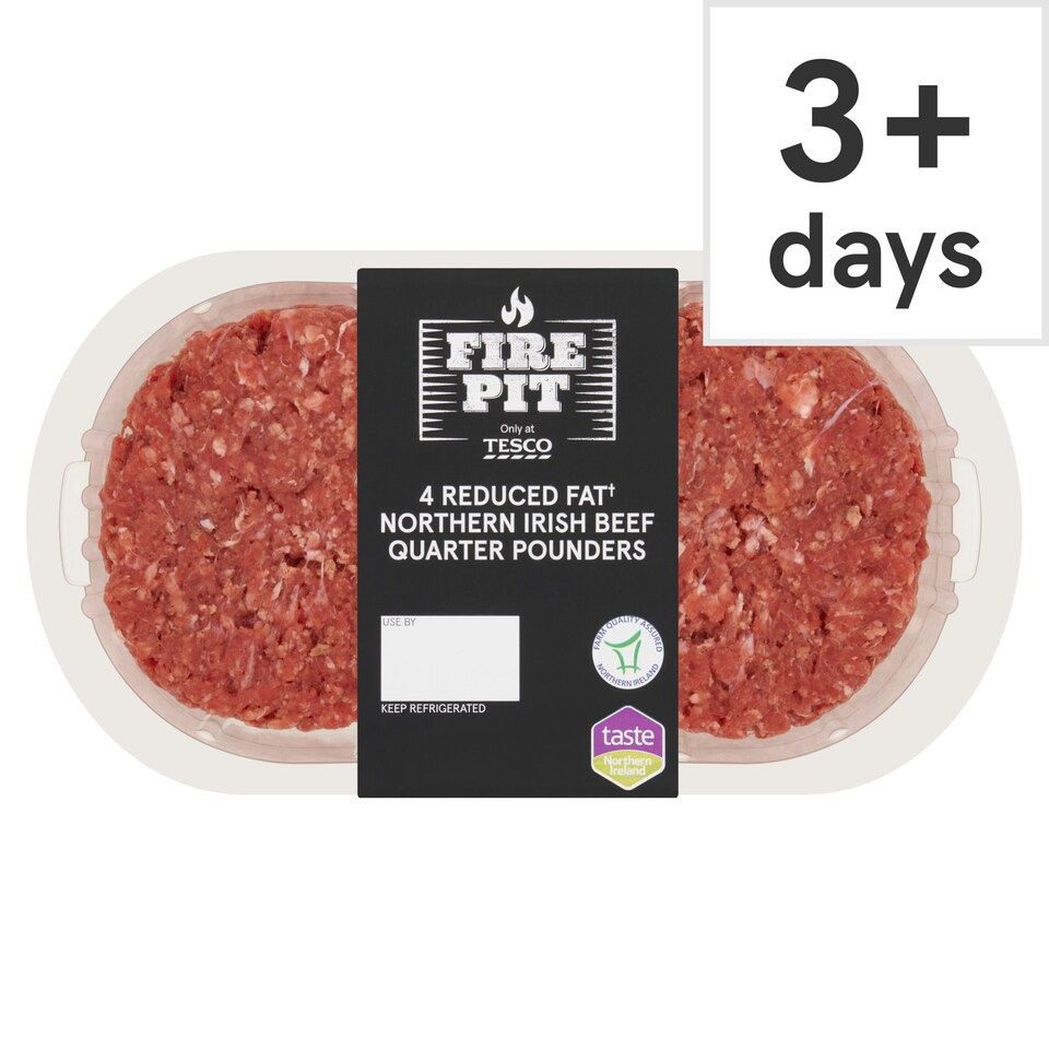 Tesco Fire Pit Northern Ireland Reduced Fat Beef Quarter Pounders 454G ...