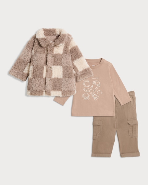 F&F Baby 3-Piece Textured Jacket, Top and Cargo Trousers Set in Stone ...