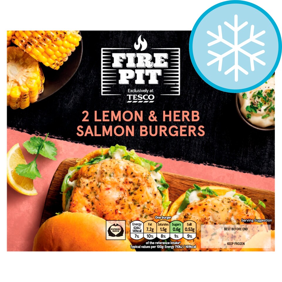 Tesco Fire Pit 2 Lemon & Herb Salmon Burgers 196G - Tesco Groceries