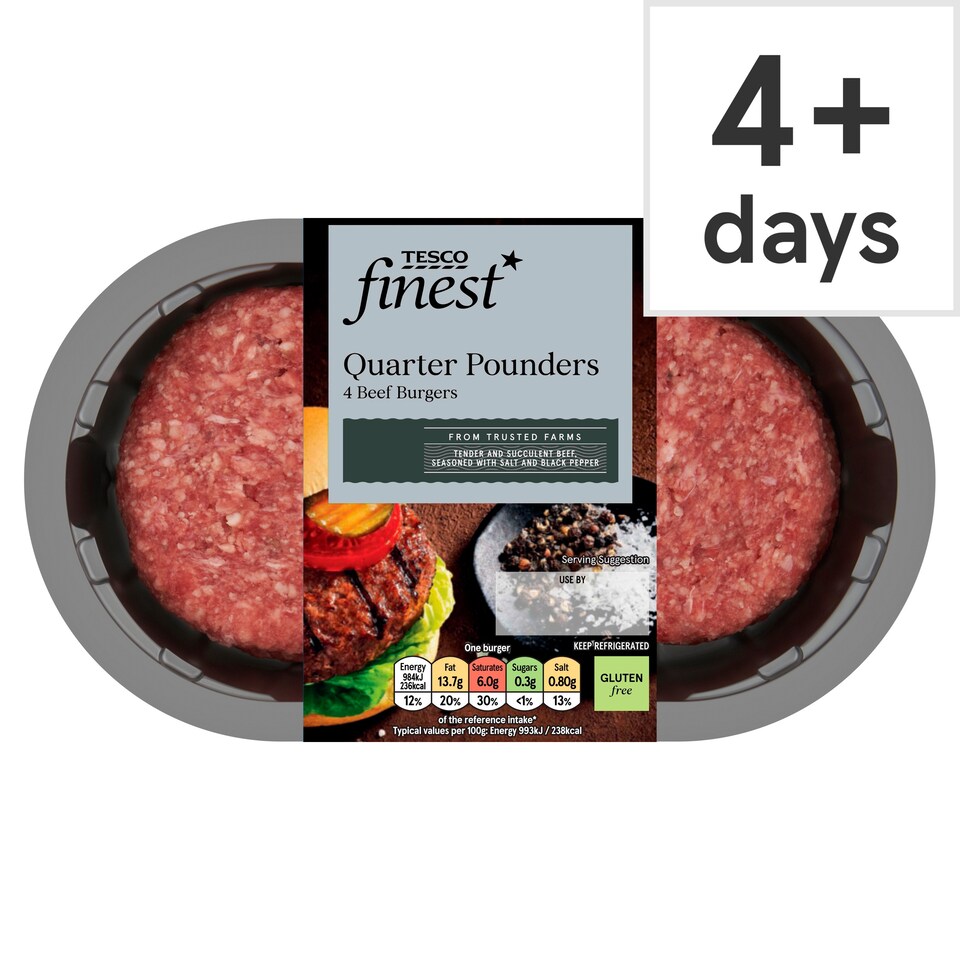 Tesco Finest Quarter Pounders 4 Beef Burgers 454g - Tesco Groceries