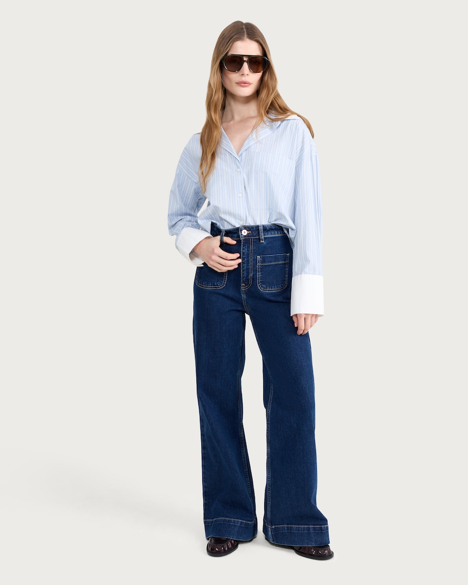 F&F High Rise Flared Patch Pocket Jeans in Navy - Tesco Groceries