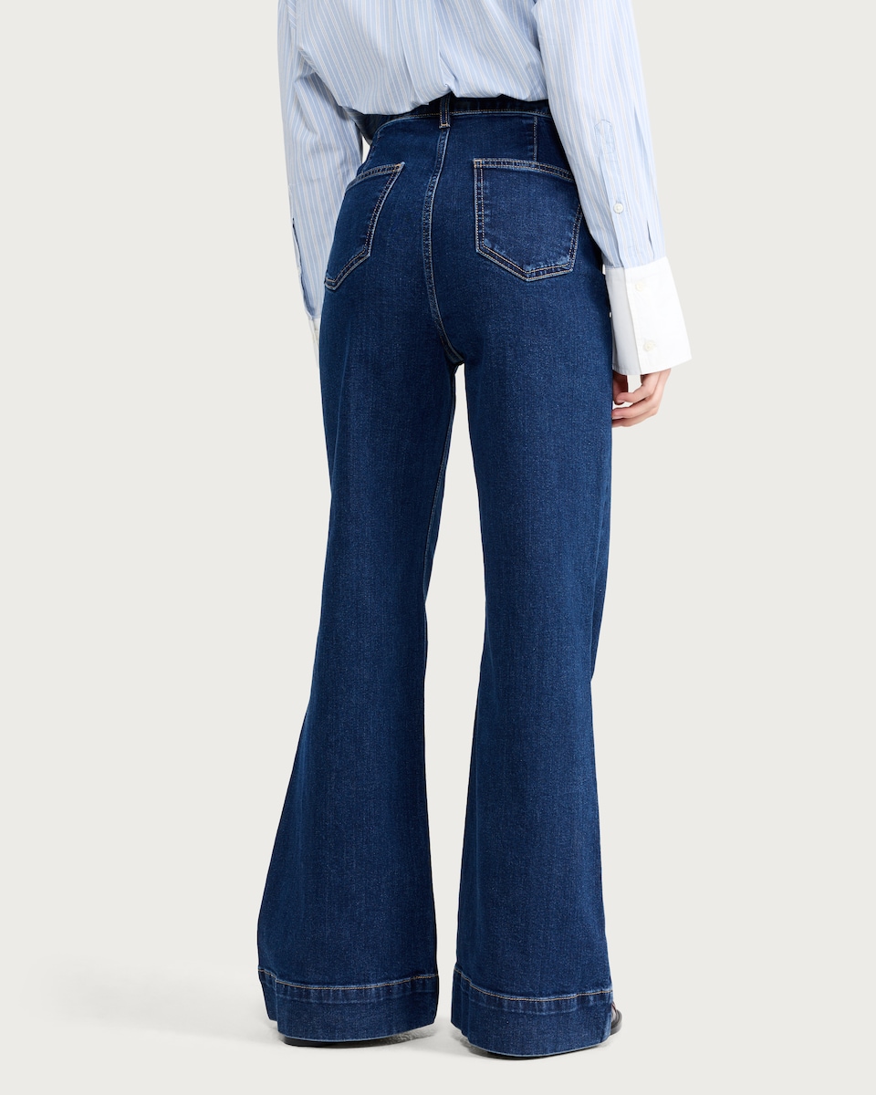 F&F High Rise Flared Patch Pocket Jeans in Navy - Tesco Groceries