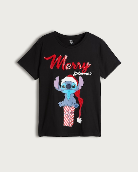 Disney Stitch Merry Stitchmas Slogan Pure Cotton T-Shirt in Black ...