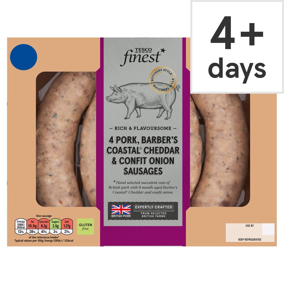 Tesco Finest 4 Pork, Coastal Cheddar & Confit Onion Sausages 440g ...