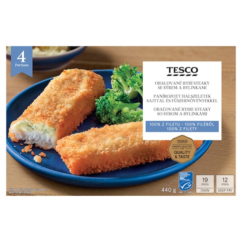 Tesco Quick-Frozen Pre-Cooked Breaded Fish Slices with Cheese and Herbs ...