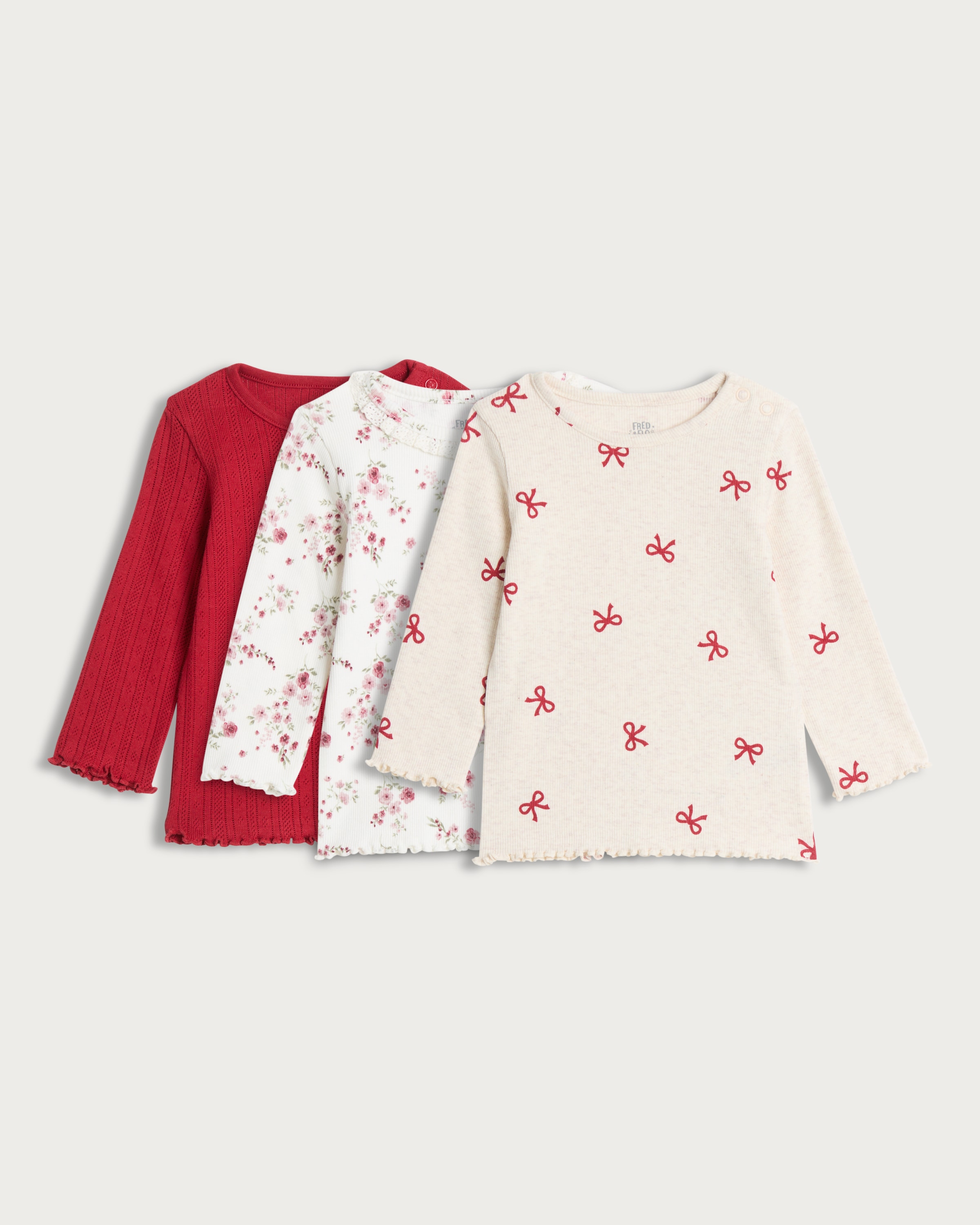 F&F Baby 3-Pack Cotton Rich Floral and Bow Long Sleeved Tops in Red ...